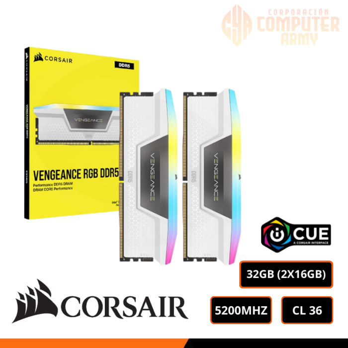 MEMORIA RAM CORSAIR 32GB (2X16GB) WHITE VENGEANCE RGB DDR5 5200HZ ...
